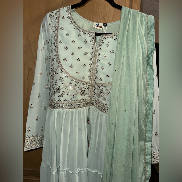 Dresses | Mint Green Open Anarkali With Floral Skirt | Poshmark
